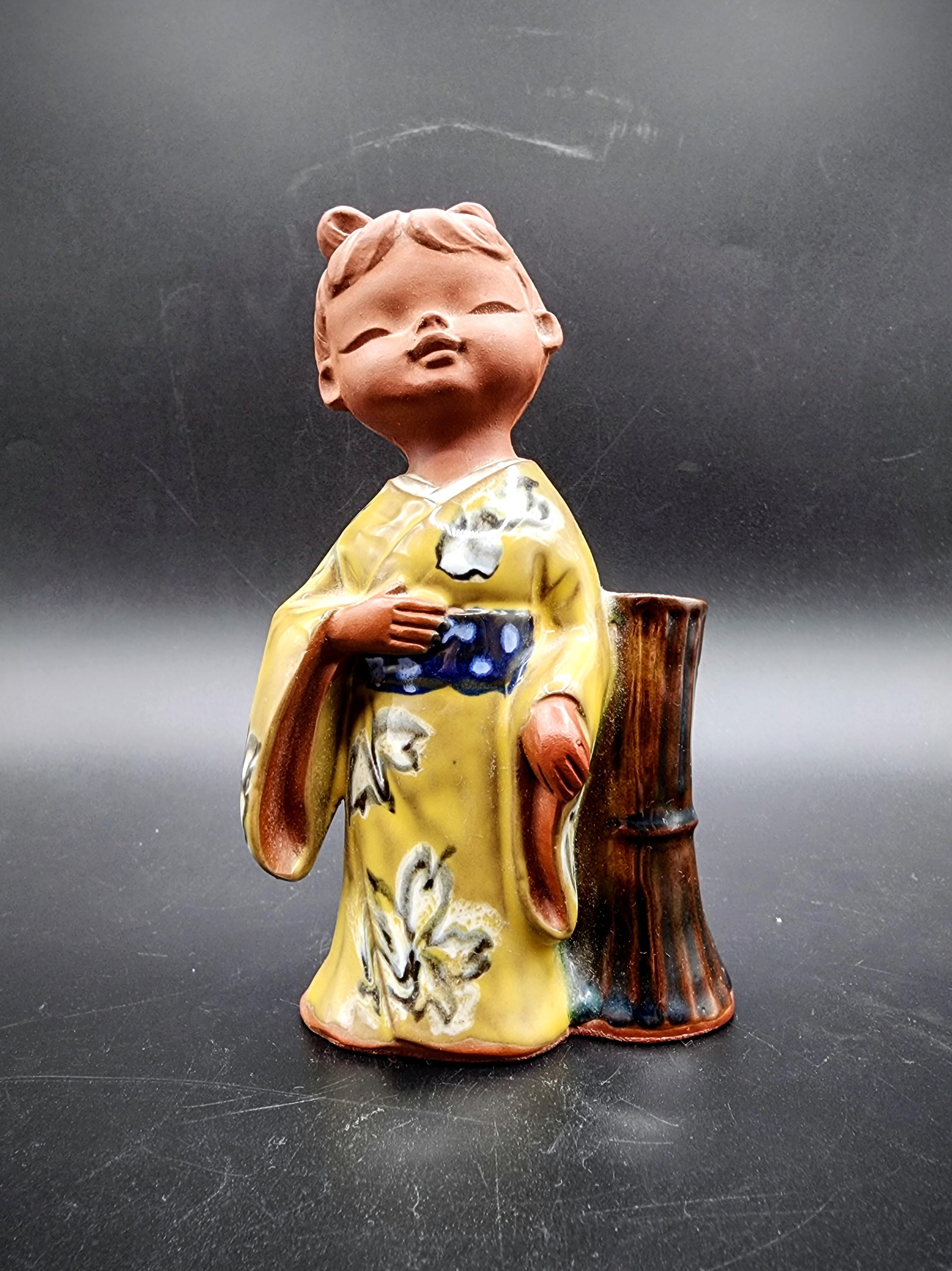 Vintage Japanese girl bud vase, pottery figurine, Seto art Craft Ltd.