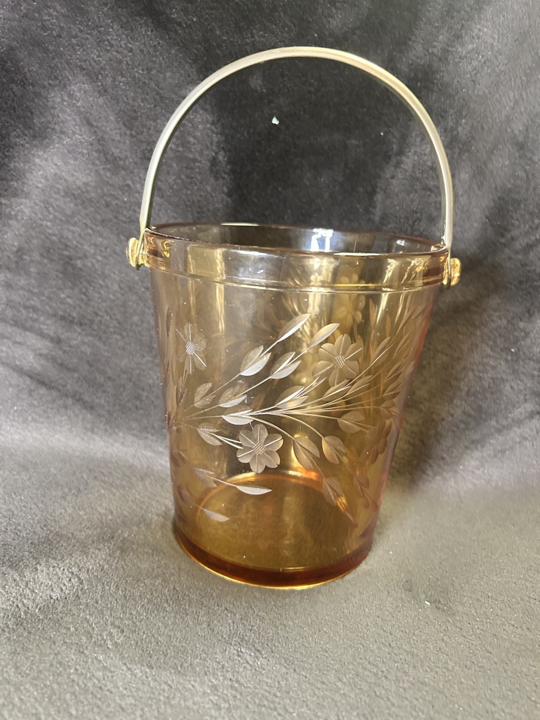 DEEP AMBER DEPRESSION GLASS FLOWER DESIGN ETCHED ICE BUCKET