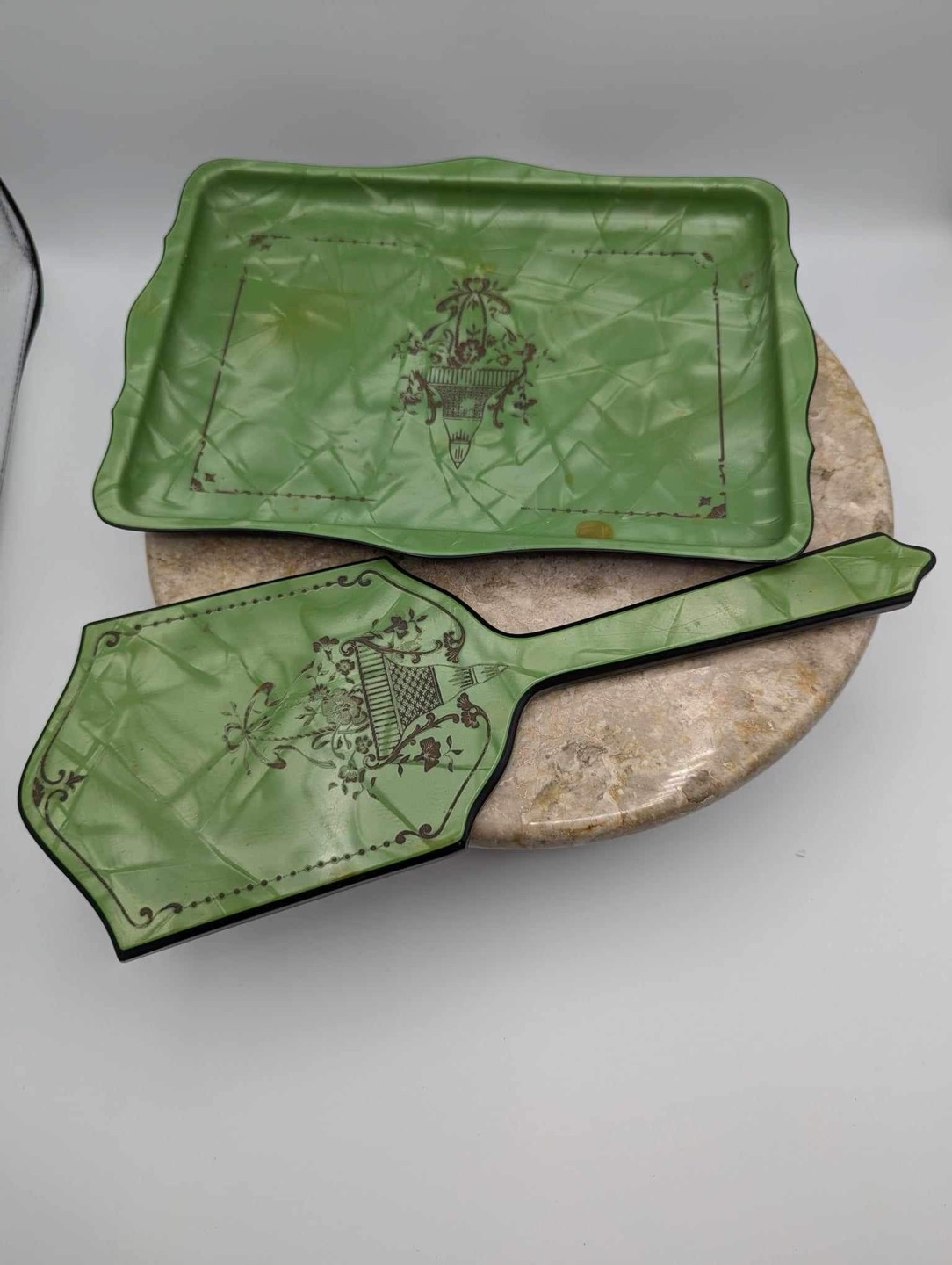 Vtg Xylonite Green Marble Design 2pc set 1940's Vanity Tray and Hand Mirror