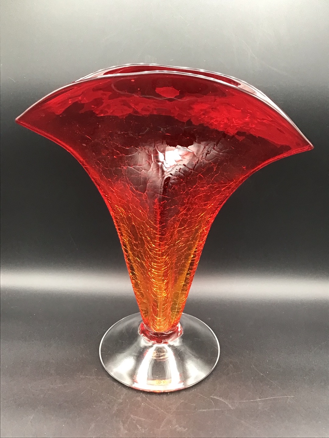 1700-Blenko Crackled Amberina Fan Vase With Clear Bottom