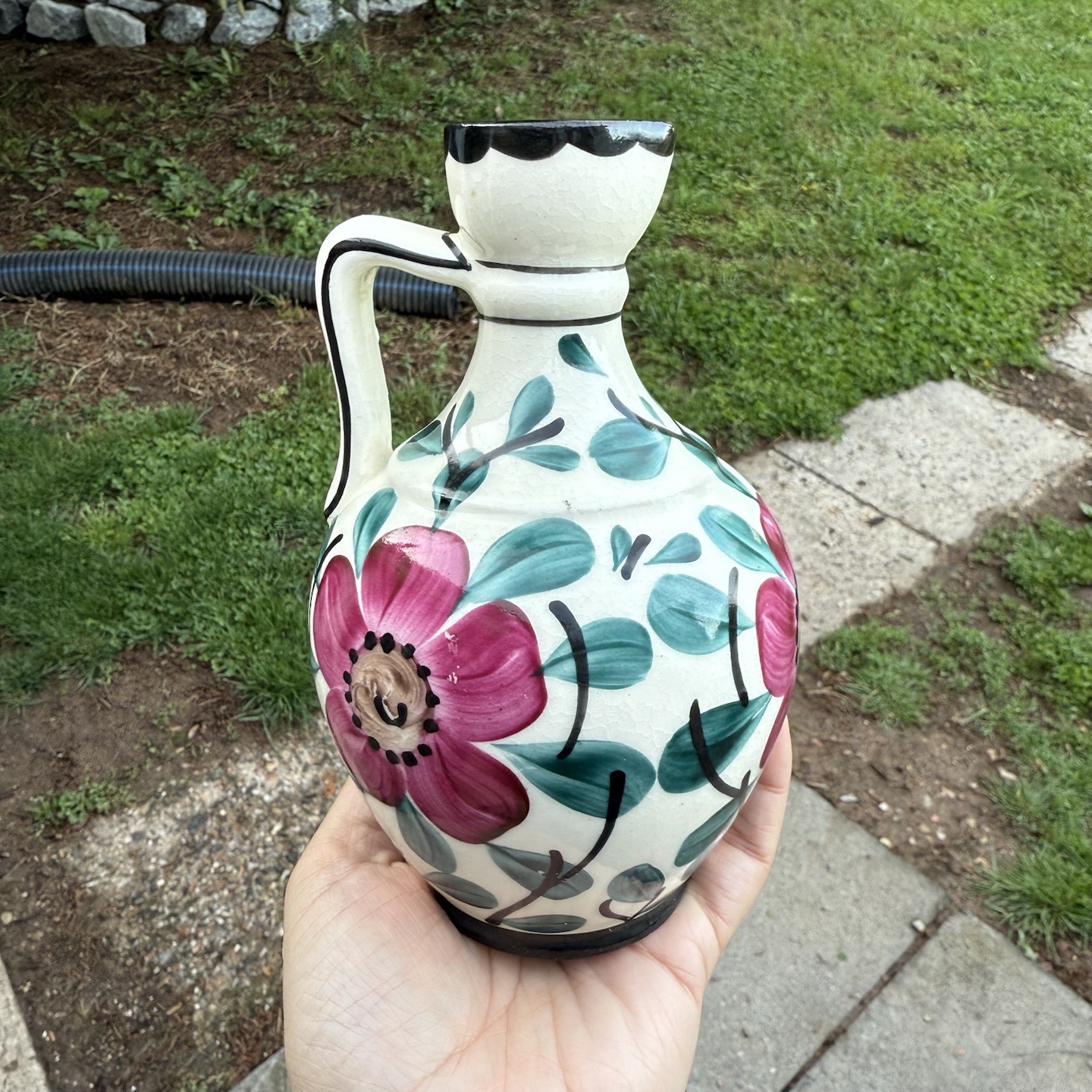 Vintage Erphila Art Pottery Czecho Slovakia Pitcher Floral Vase Handled 7”