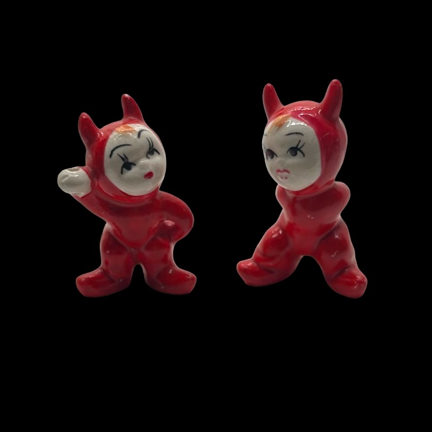 09. Pixie Elf Red Devil Japan Miniature Figurine Ceramic. Vintage. Set Of 2