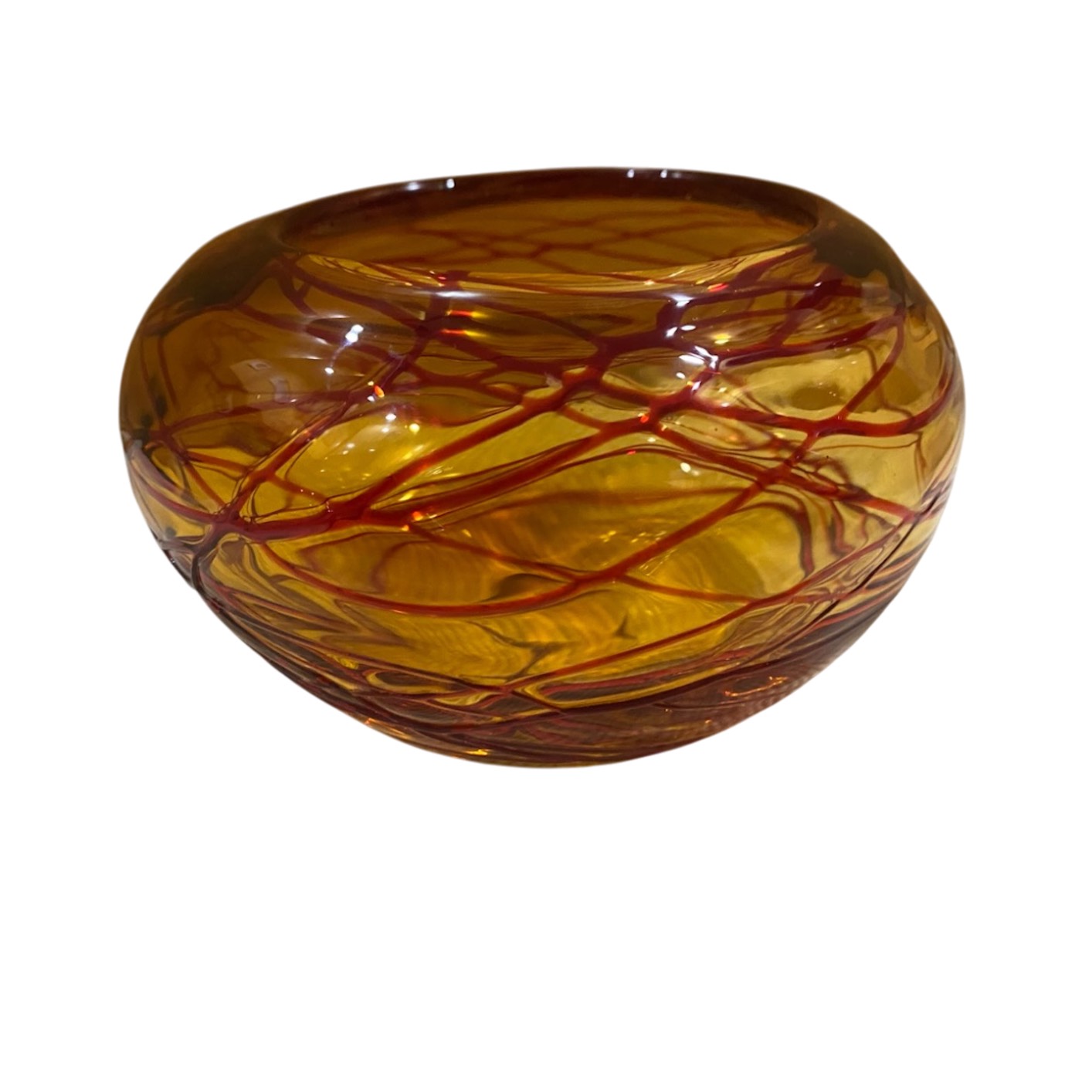 Small Amber And Red Threaded Art Glass Bowl