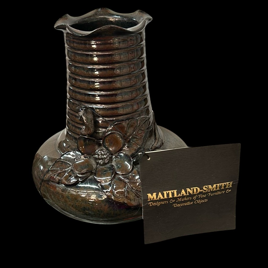 Maitland Smith Art Pottery Applied Flowers Vase Glazed 7” Tall