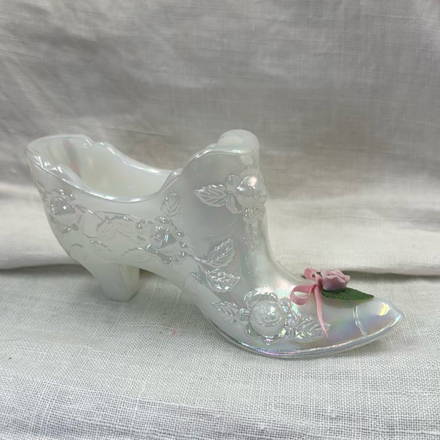 Fenton Cabbage Rose, Iridescent Shoe With Satin Ribbon & Porcelain Rose ...