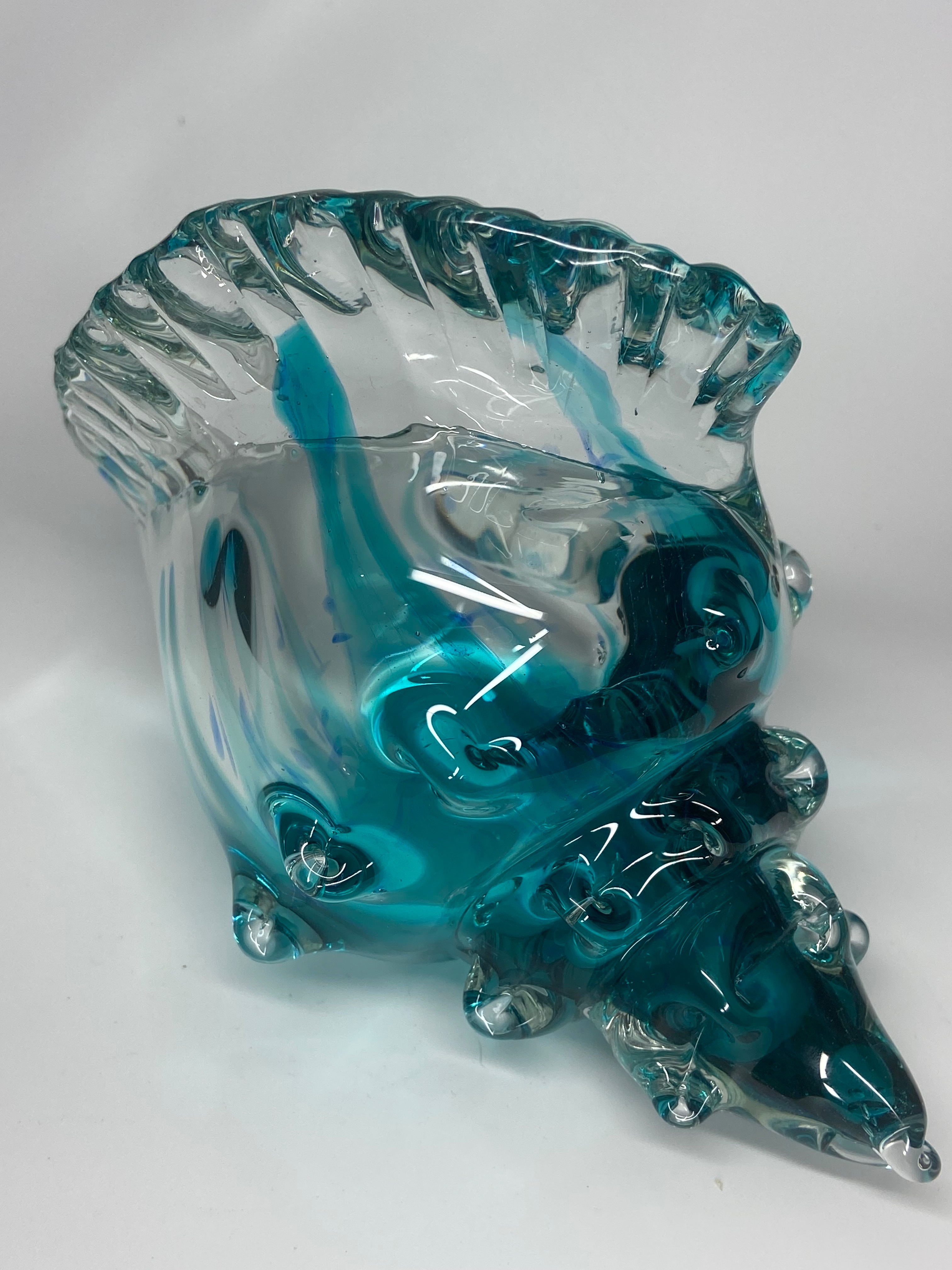 Hand Blown Teal and Clear Glass Conch Shell