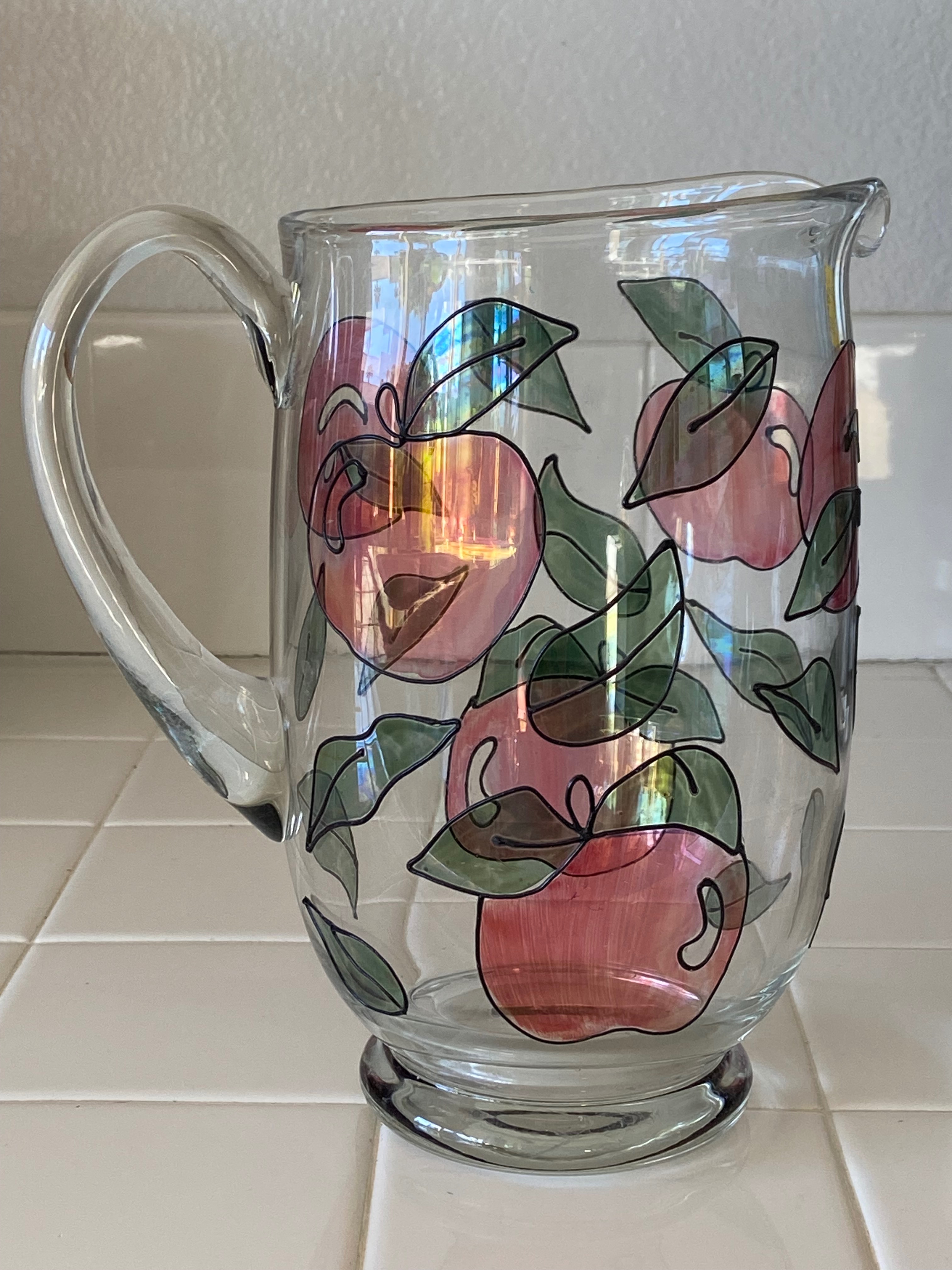 Glass Pitcher with Painted Red Apples & Green Leaves, 8.75" Tall