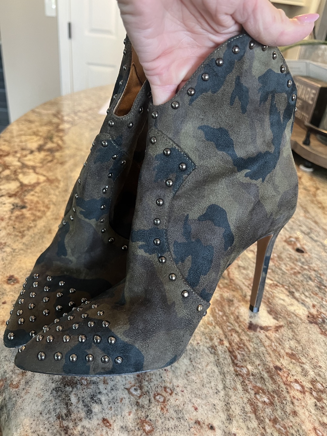 Jessica Simpson High Heeled Studded Bootie In A Camouflage Print ...