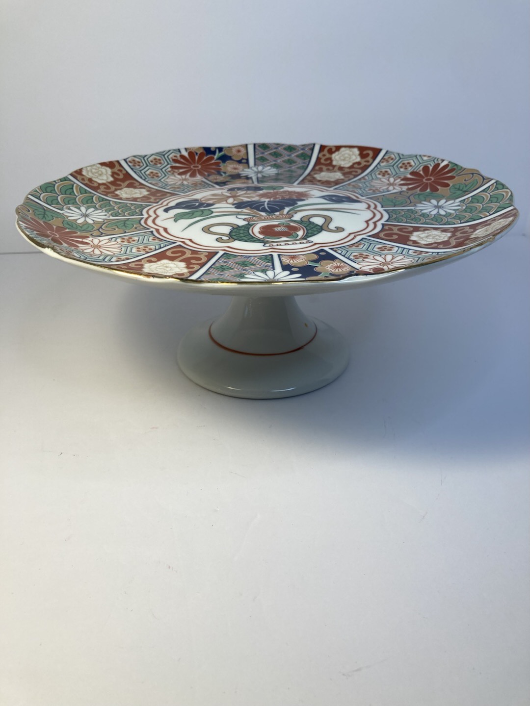 Arita Imari Fan Pattern With Gold Rim 10” Pedestal Footed Cake Plate