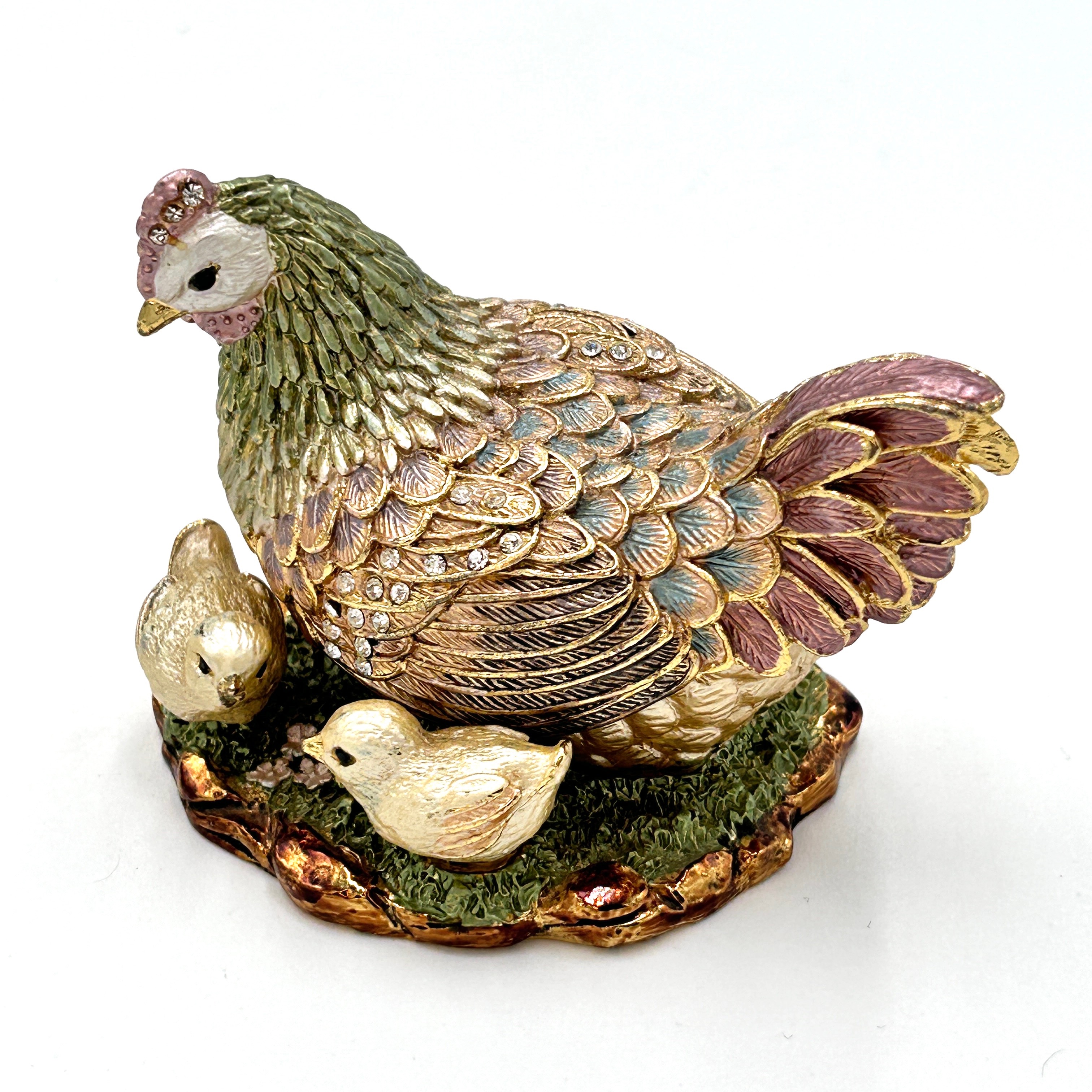 Trinket Box Mother Hen w/Chicks Bejeweled Enameled Metal by Nobility
