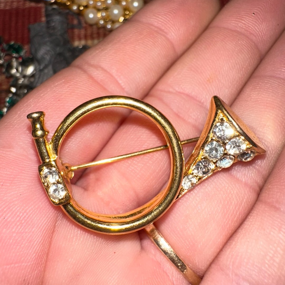 Trifari Gold Tone French Horn Clear Rhinestone Brooch