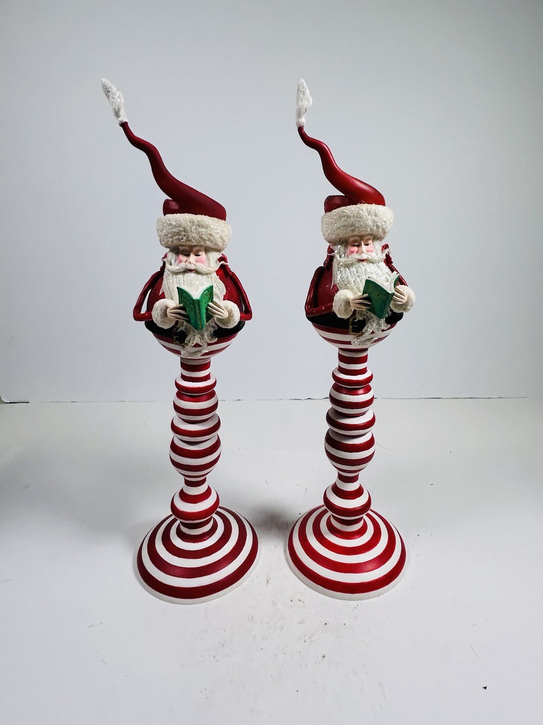 Santa Candlestick Whimsical Taper holders Tall Red White Stripe 12” Set ...