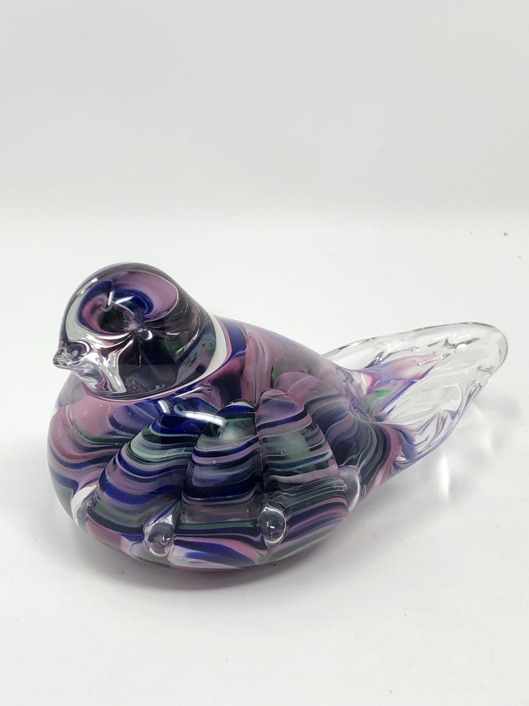 Joe Rice 1988 Art Glass Bird Paperweight with Multi-Color Swirl