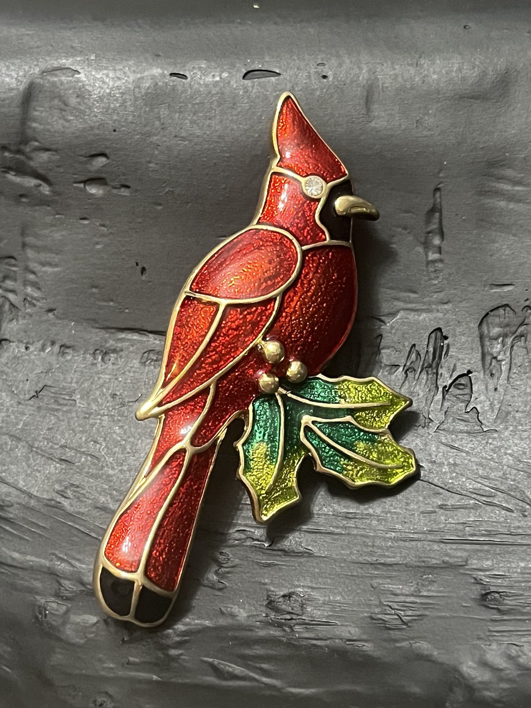 Cute Red Enamel Gold Tone Cardinal Brooch