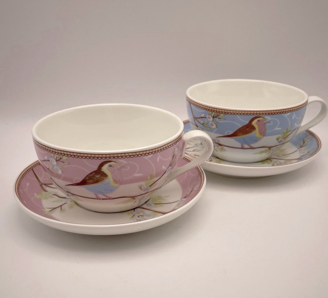 JUSALPHA, 2 China Teacups and Saucers with Bird on a Branch with ...