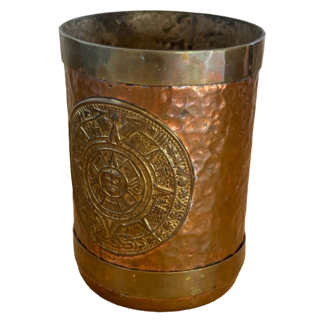 Vintage Copper & Brass Mexico Aztec Mayan Calendar Mug Tankards