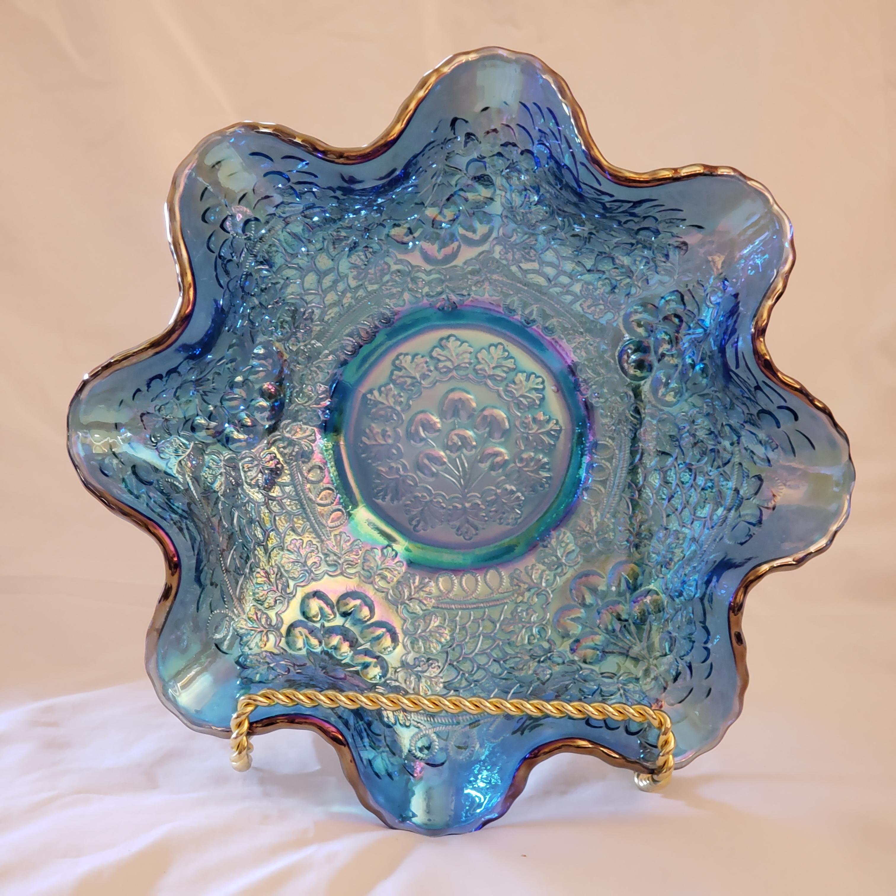 Fenton Iridescent Blue Carnival Glass Bowl Cherry Chain Pattern Vintage ...