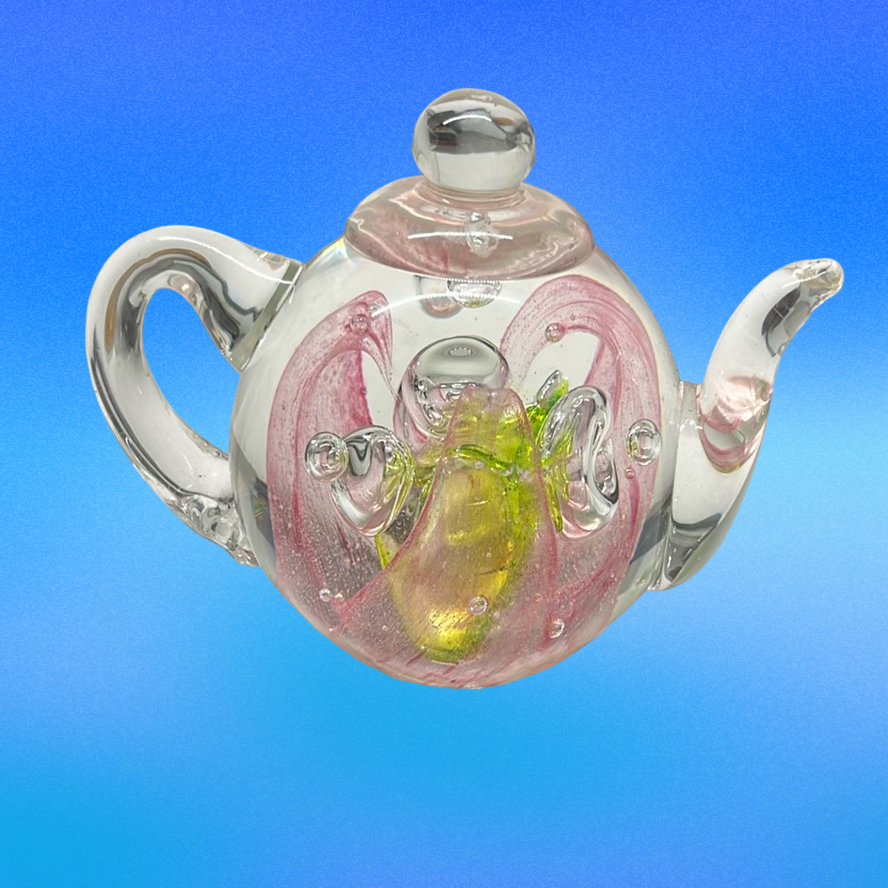 02. Art Glass Teapot Paperweight 3.5” Pink/Yellow Hand Blown MCM Floral