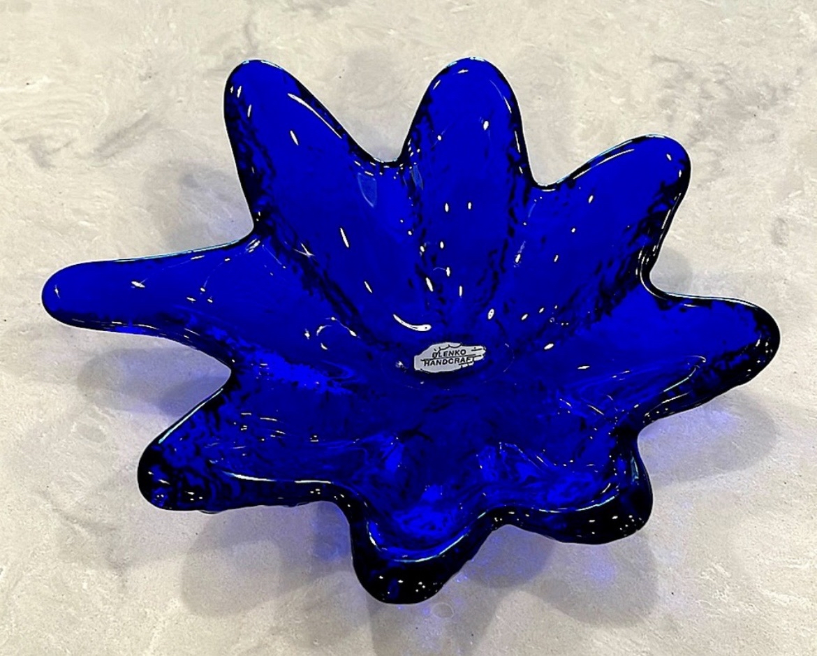 Blenko, cobalt blue, glass bowl, textured bottom. “Lotus” style. With ...