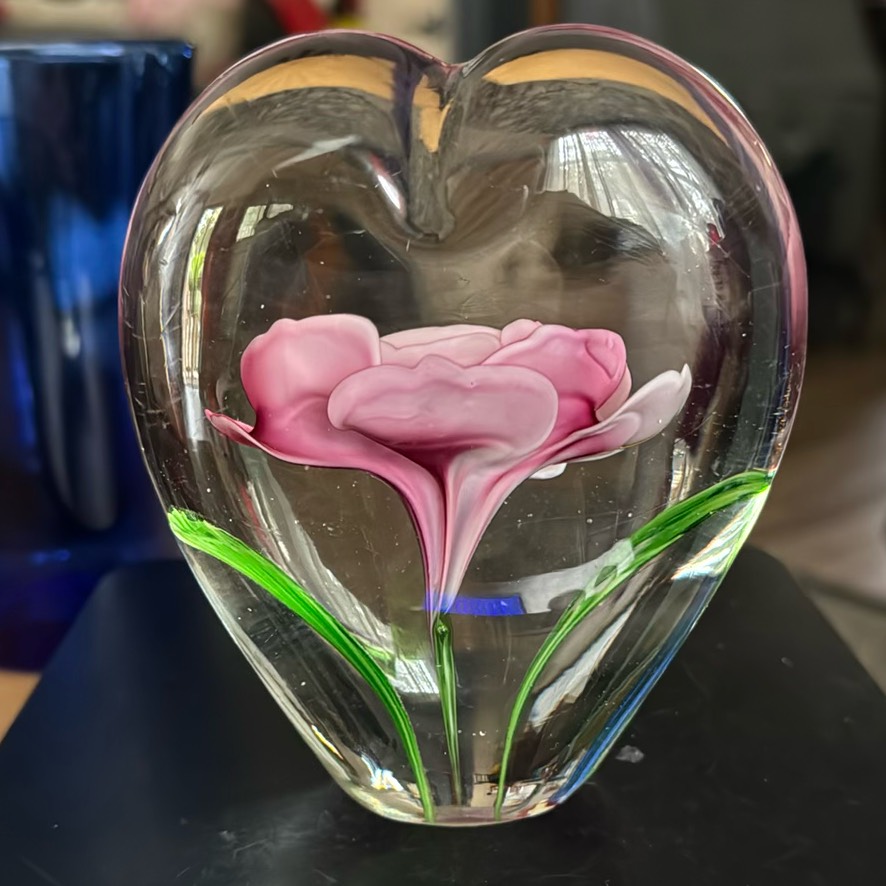 Vintage Rose In Clear Glass Heart Paperweight
