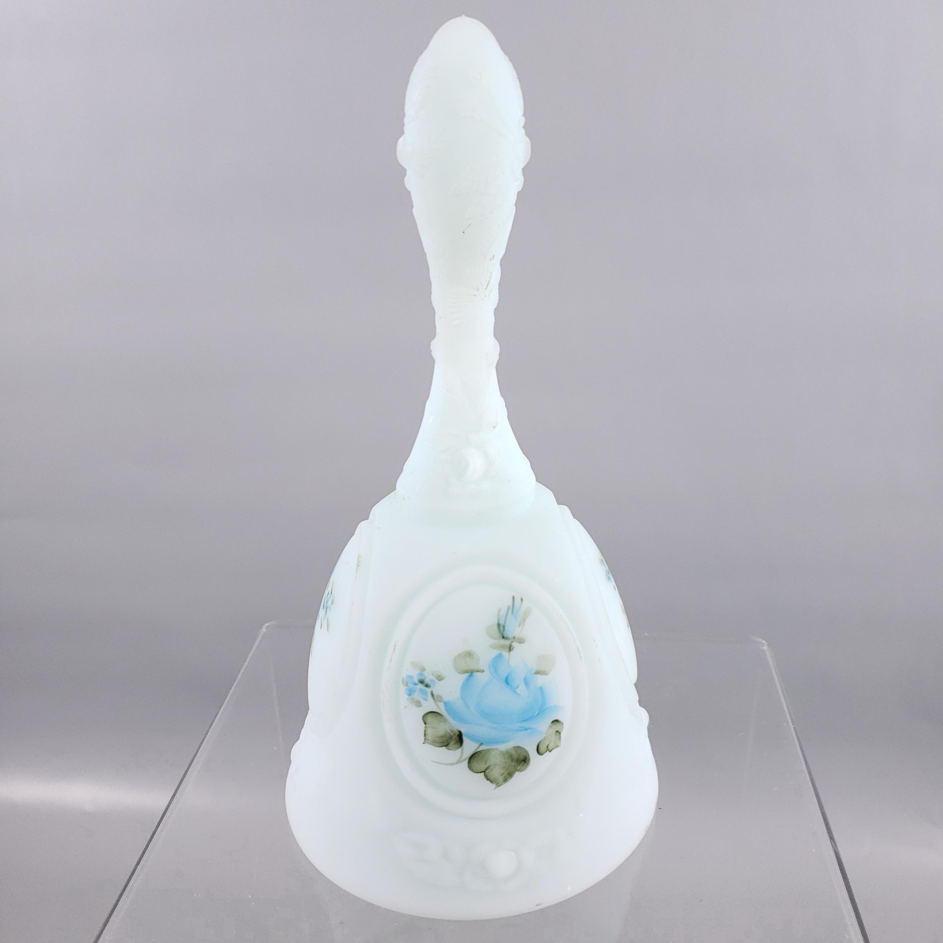 Vintage FENTON Hand Painted BLUE ROSES MEDALLION SATIN Art Glass Bell ...