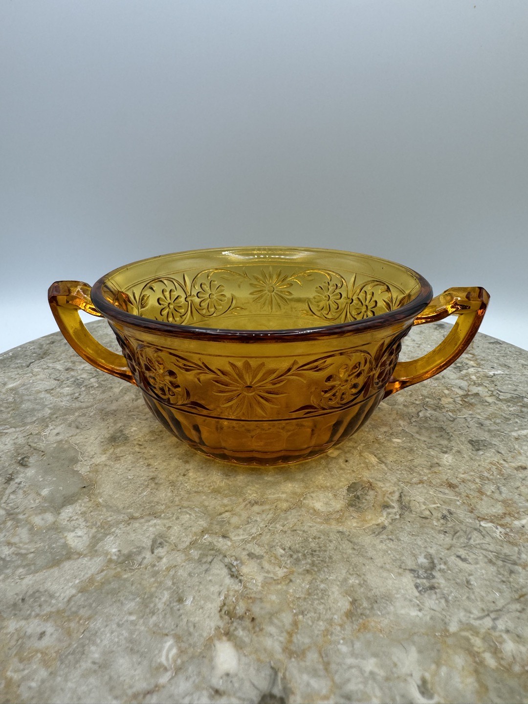 1940's Indiana Glass Amber Daisy Pattern Double Handled Cream Soup Bowl