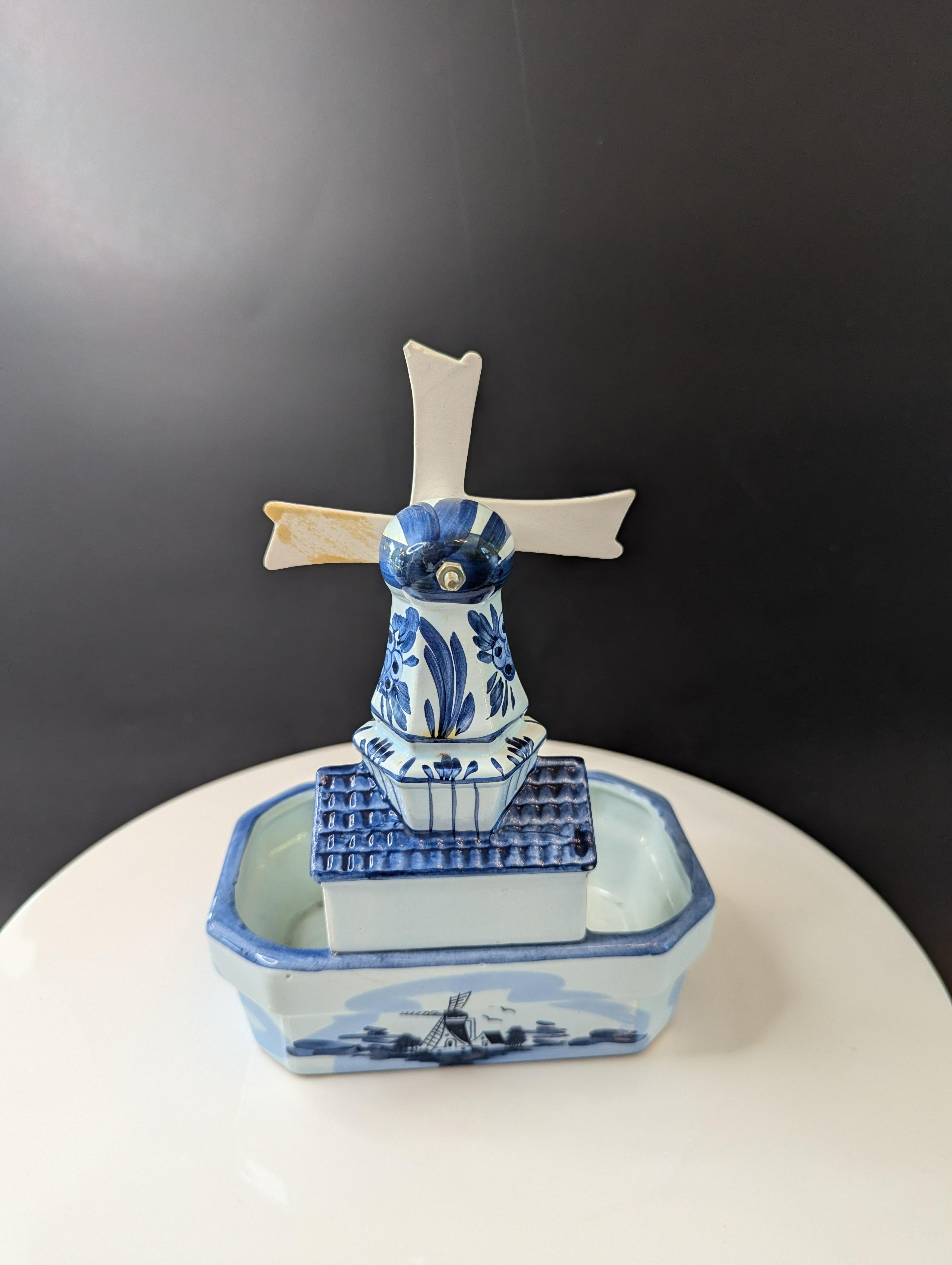 Vintage Delft Blue Windmill Vase, Hand-Painted Dutch Scene, Ceramic Decor