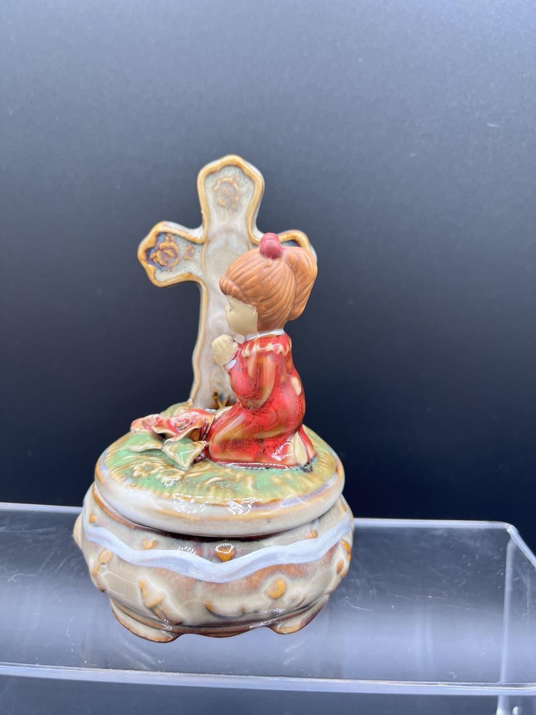 Vintage Christian Ceramic Trinket Box with Cross, Roses and Little Girl ...
