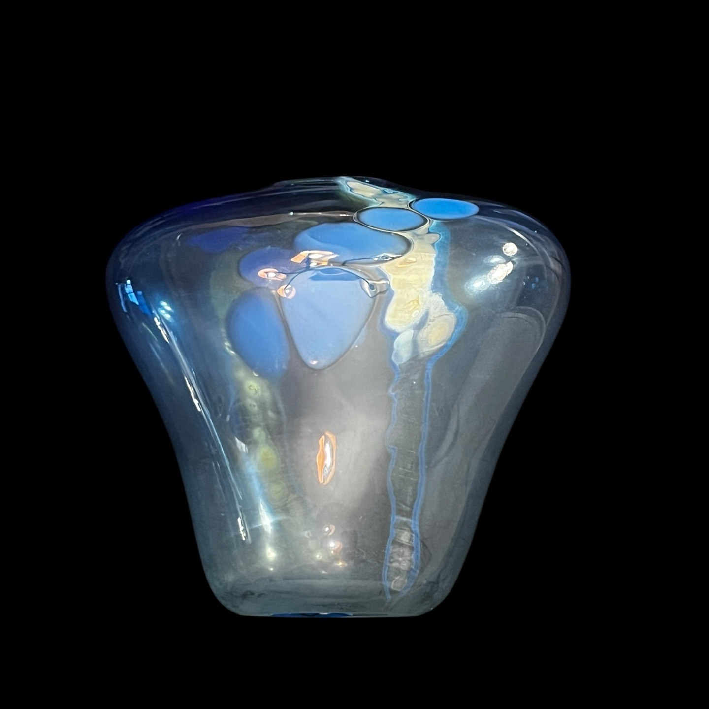 Rick & Janet Nicholson Art Glass Blue Iridescent Splatter Vase 1984 6.5”x6”