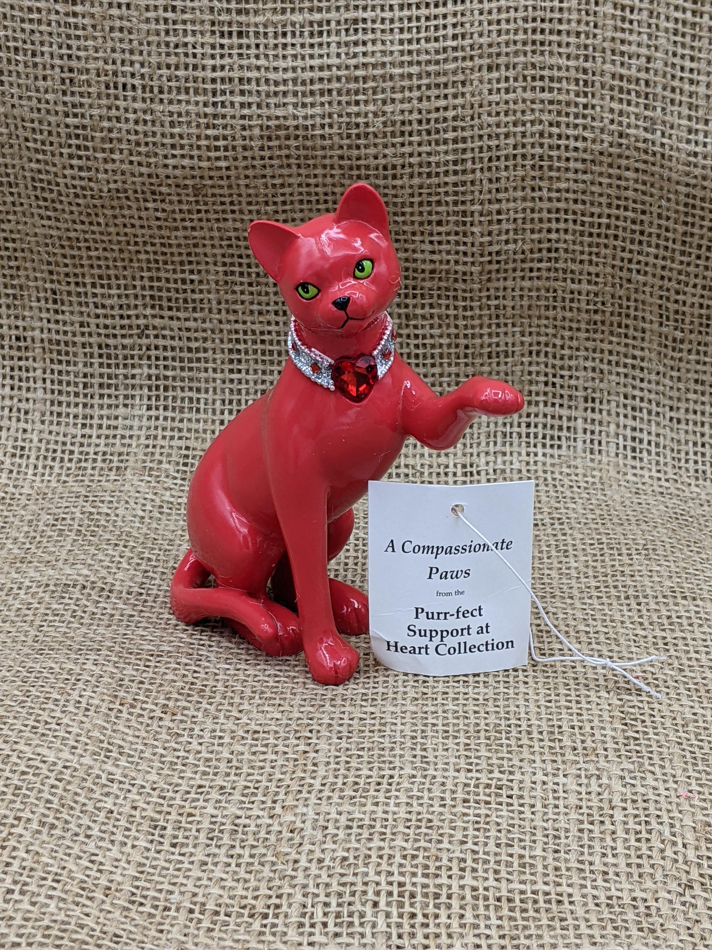 Red Sitting Cat Figurine Outstretched Paw, A Compassionate Paws, Sparkly Collar with Red Heart ...