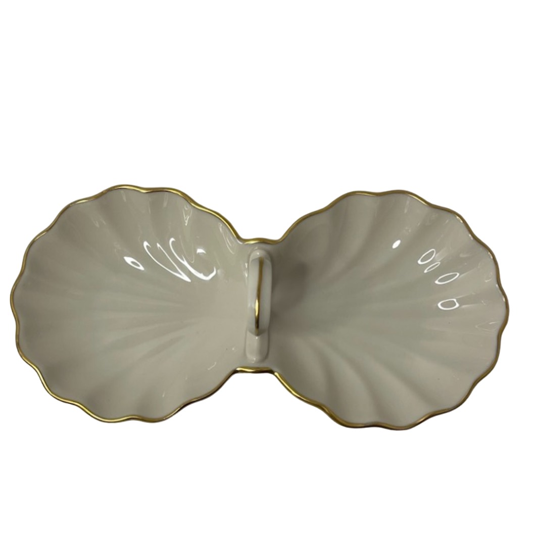 Lenox Bermuda Clam Shell Double Serving Dish with Handle 24K Gold Trim