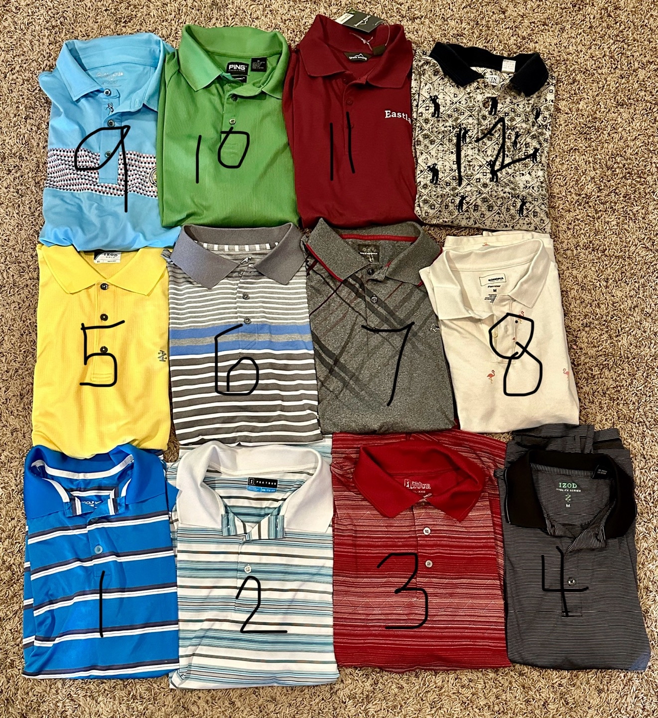 Lot Of 12 Polo Style Shirts Various Brands And Sizes