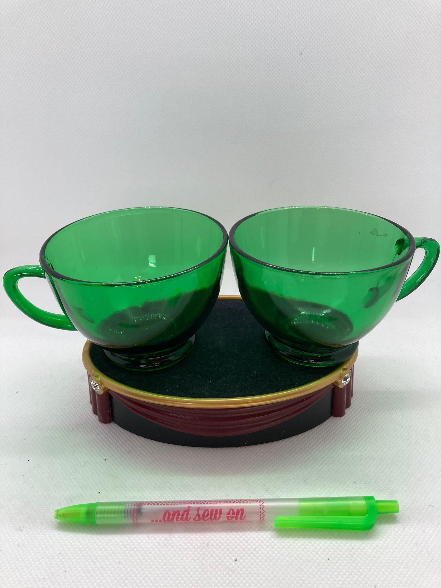 Vintage 1957-1965 Anchor Hocking Forest Green Punch Bowl Cups