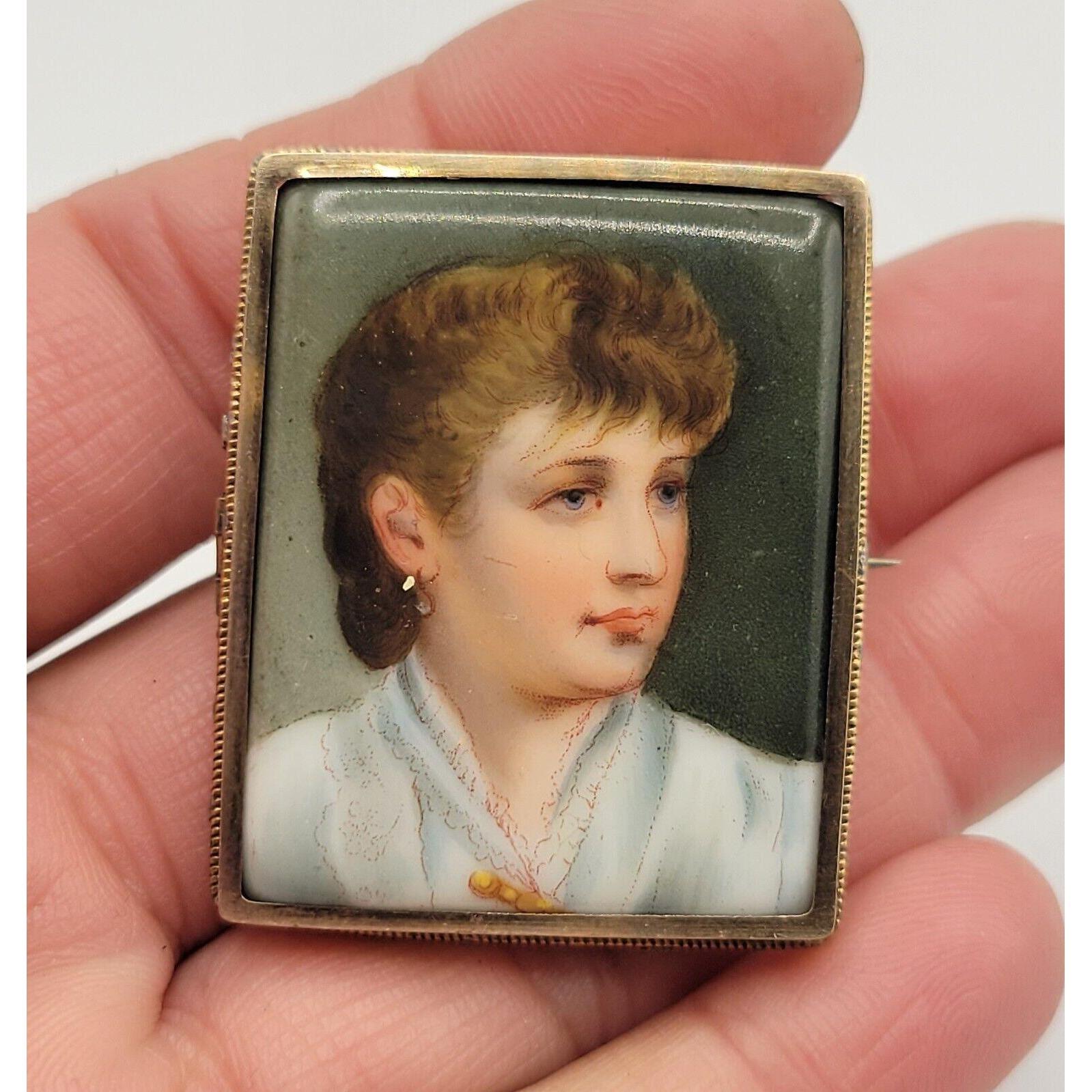 Antique Porcelain Portrait Brooch w/ Saw Tooth Bezel Settings (A5)