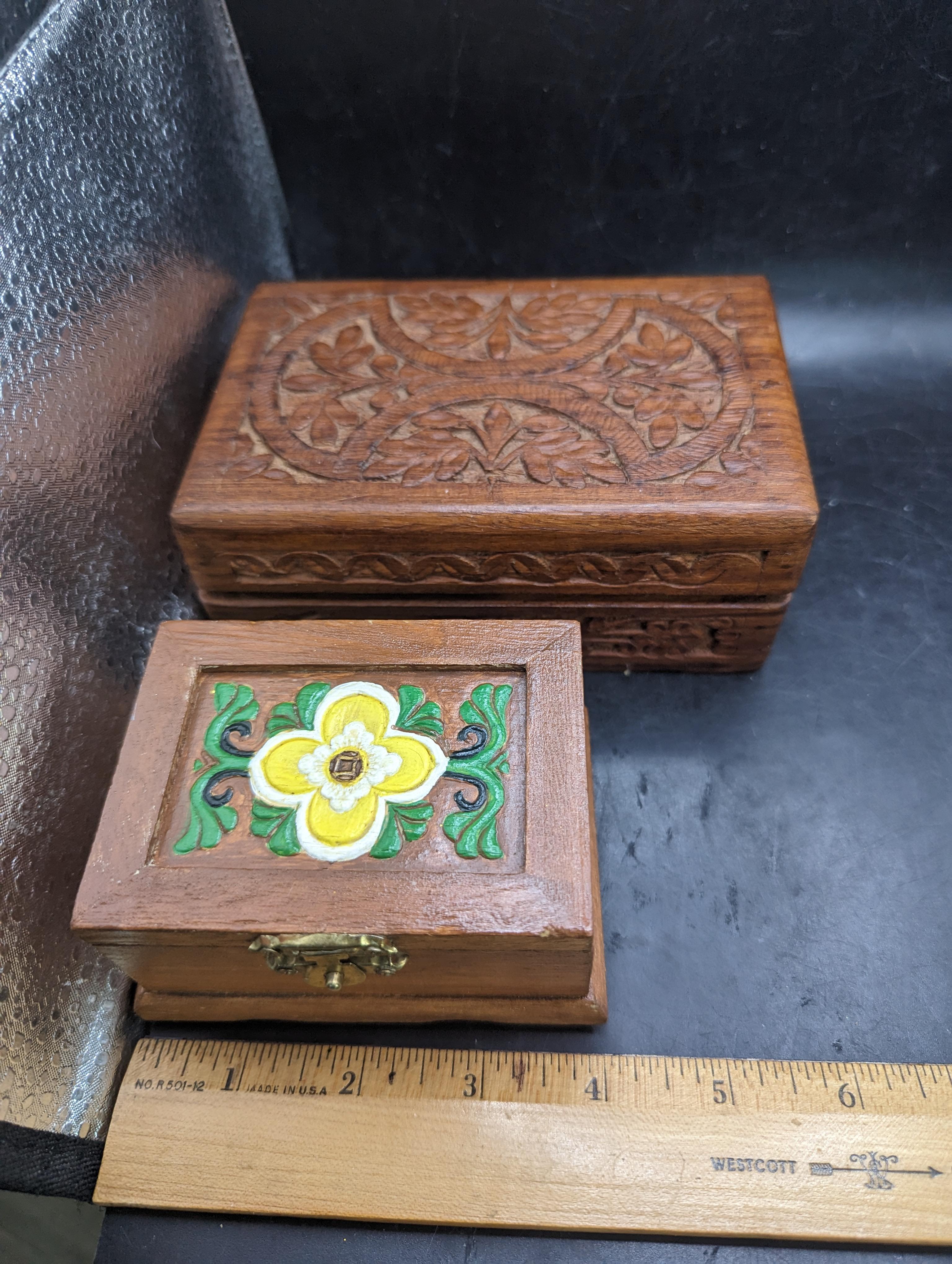Vintage Lot of Two Handcrafted Wooden Trinket Boxes
