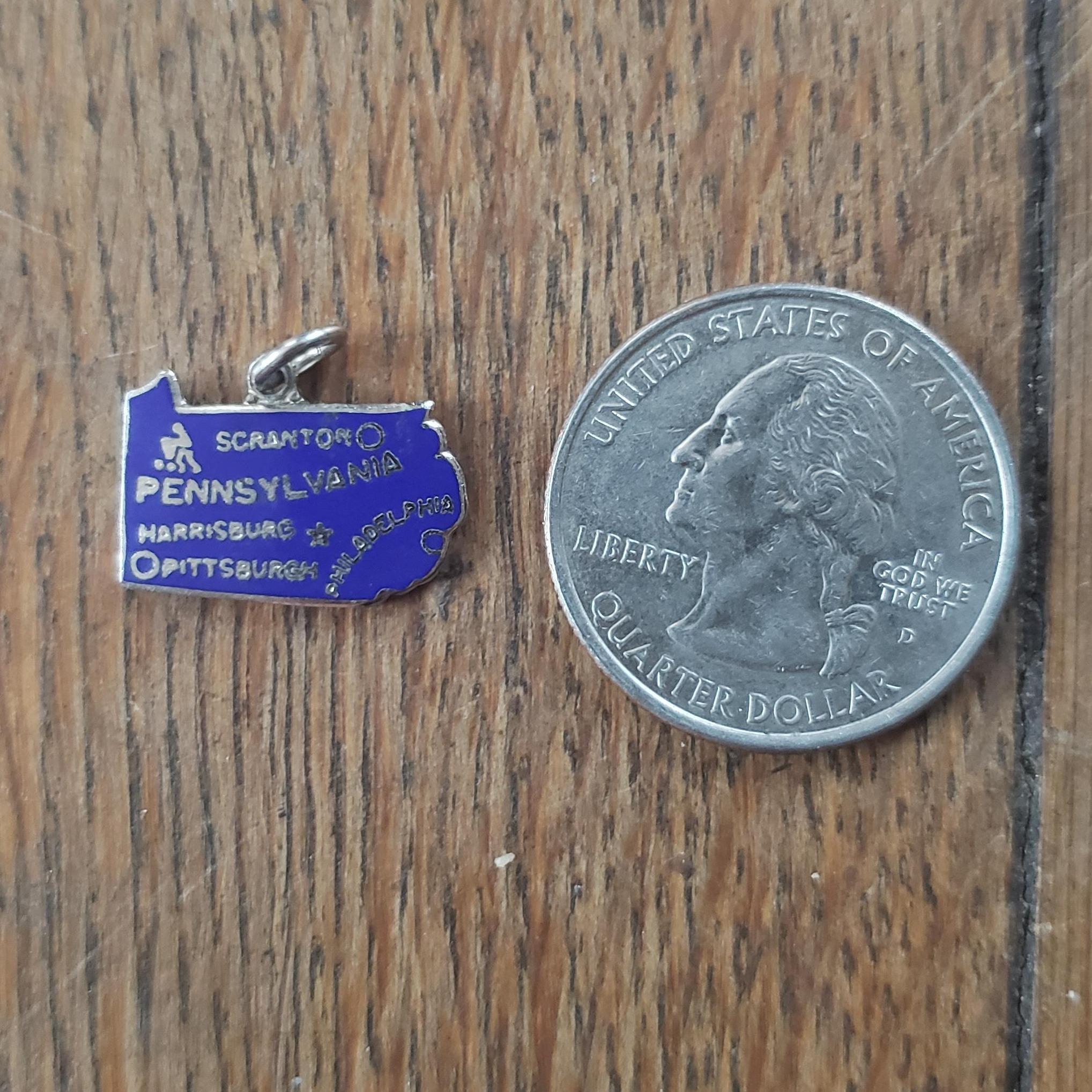 Vintage 70s Enameled Sterling Silver State Map Charm Pennsylvania Blue ...