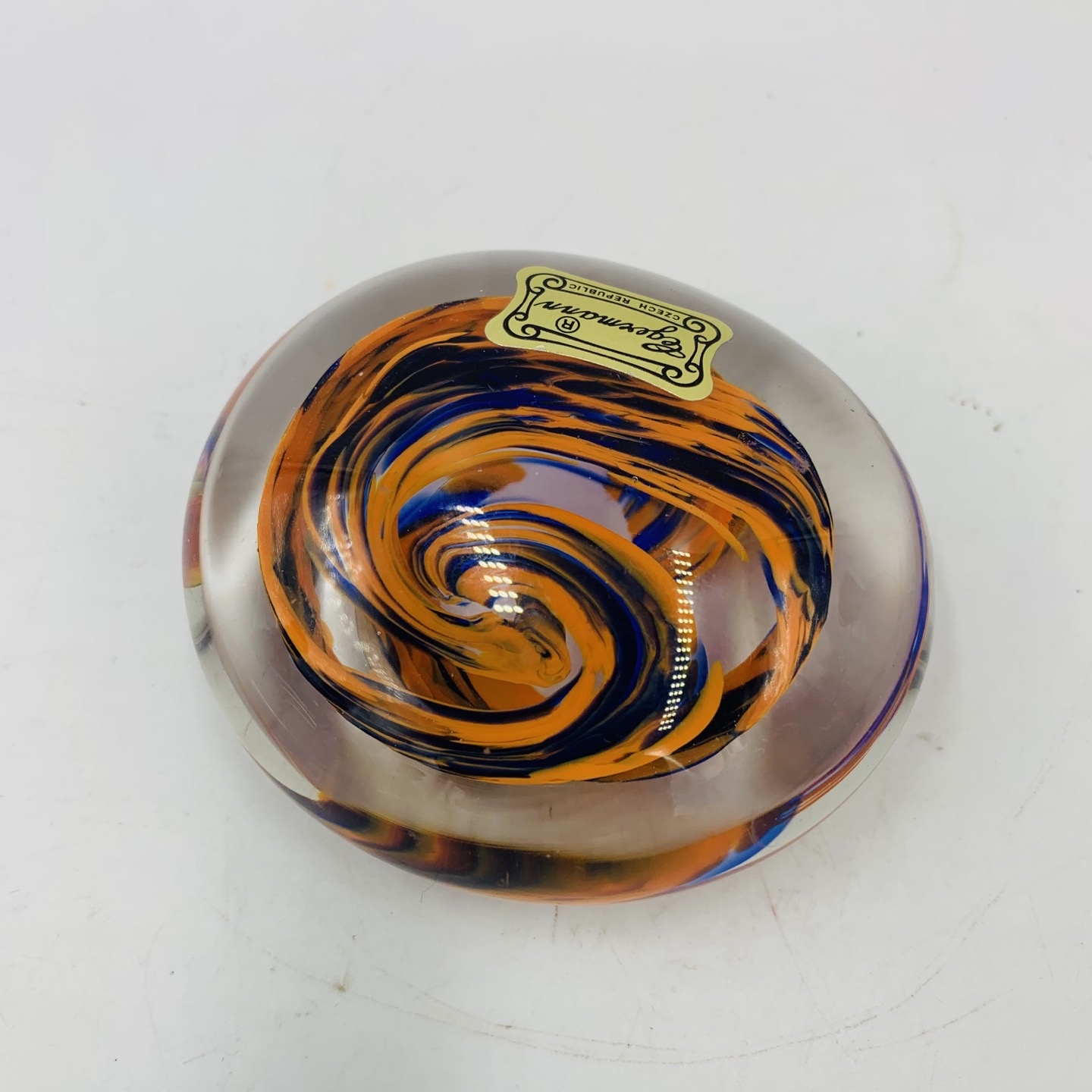 32 Egermann Art Glass Czech Bohemian Paperweight Blue Orange Swirl