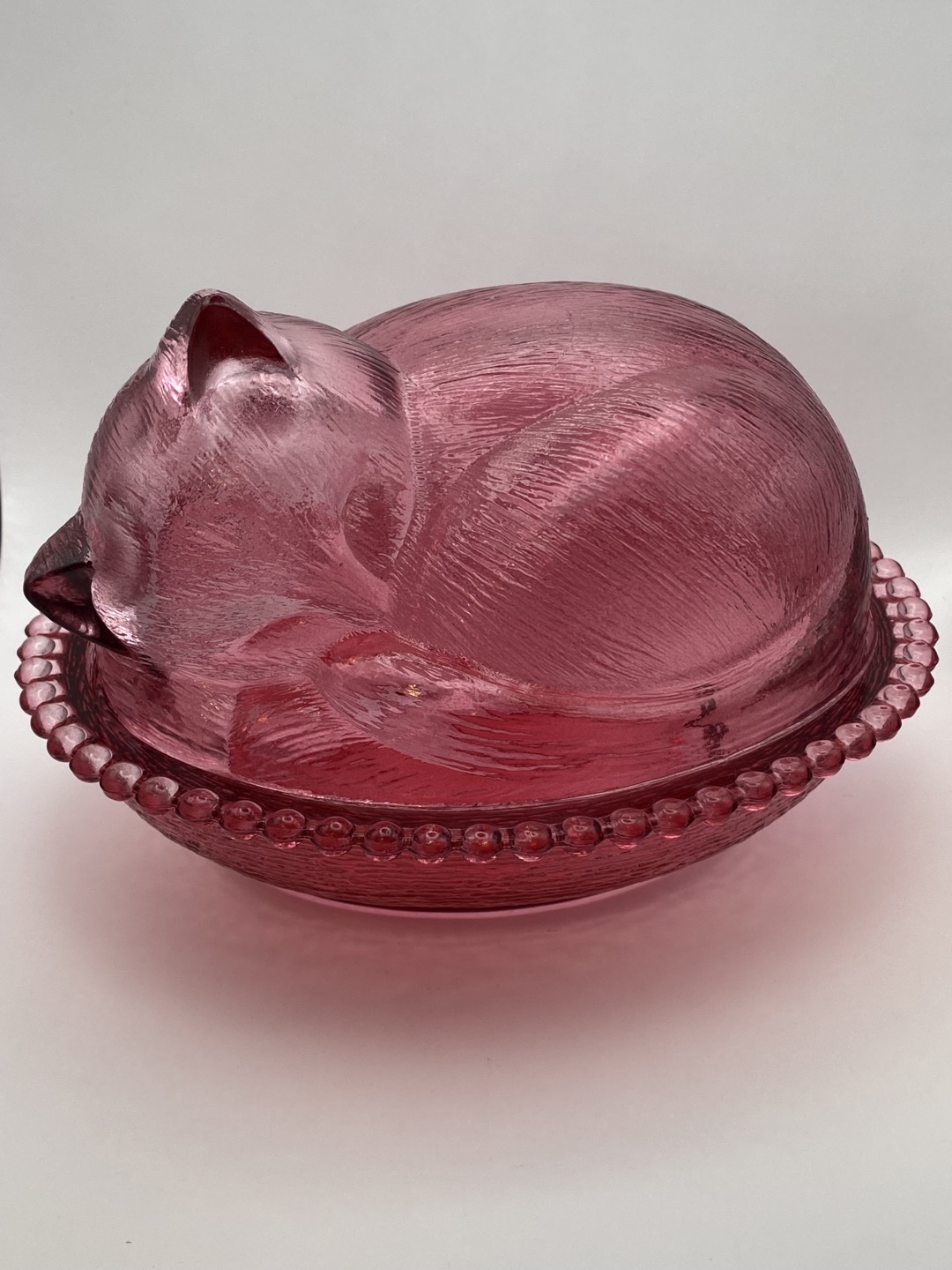 Vintage Cranberry Indiana Glass Sleeping Cat/Kitten Candy Dish