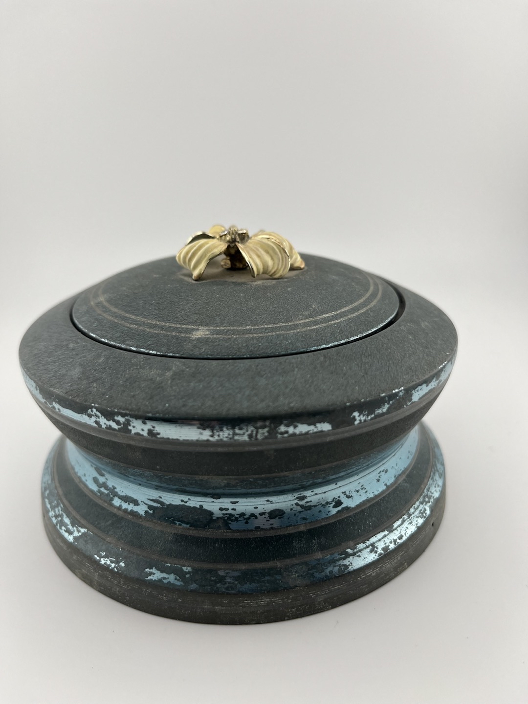 1930s Aluminum blue Powder Puff Dresser Jar w/ enamel Floral Enamel ...