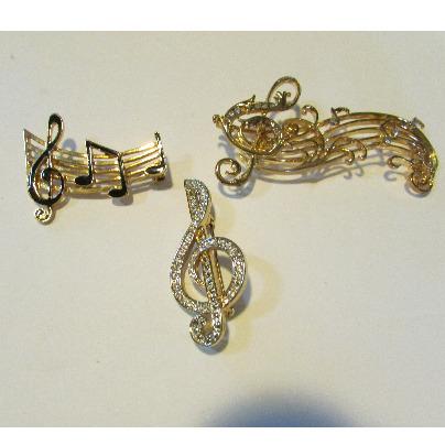 lot of 3 musical theme pins gold tone Clef with musical notes one with ...
