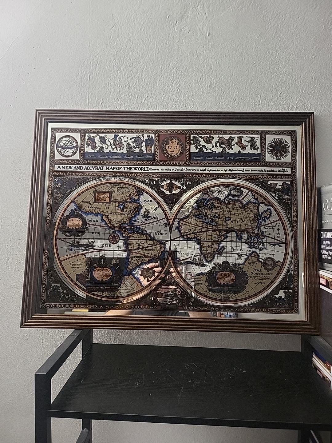 Large Vintage Picture Mirror Depicting 1651 Old Map Of The World