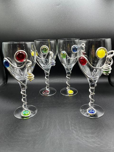 4 Large Wire Wrapped Wine Glasses with Colored Cabochons