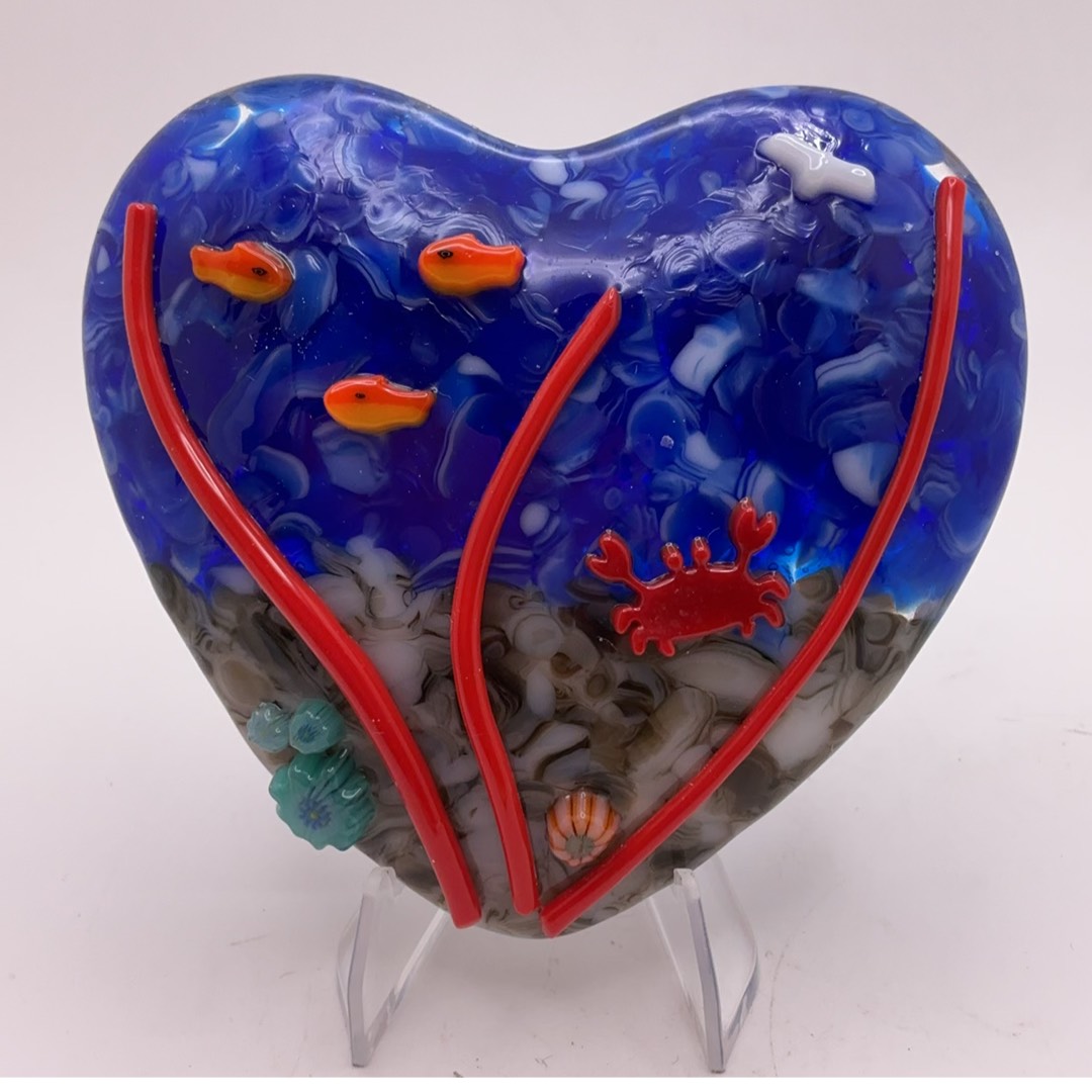 SIG Made by Me! Fused Glass 3.5" Heart Paperweight 3D Crab Ocean Theme ...