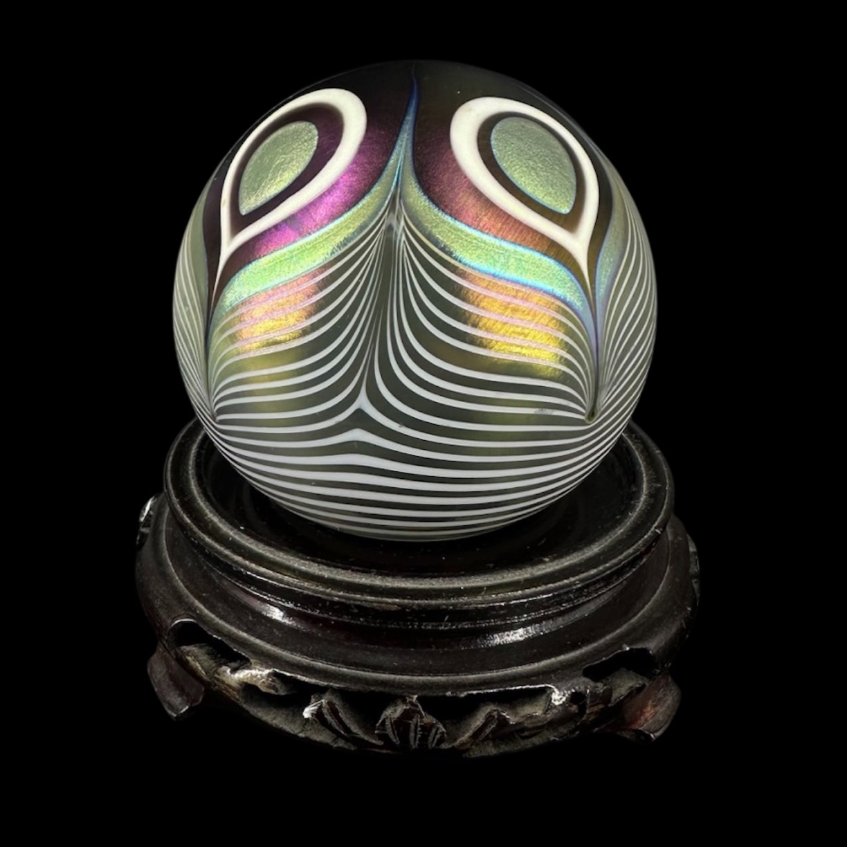 Abelman Pulled Feather Iridescent Paperweight Signed