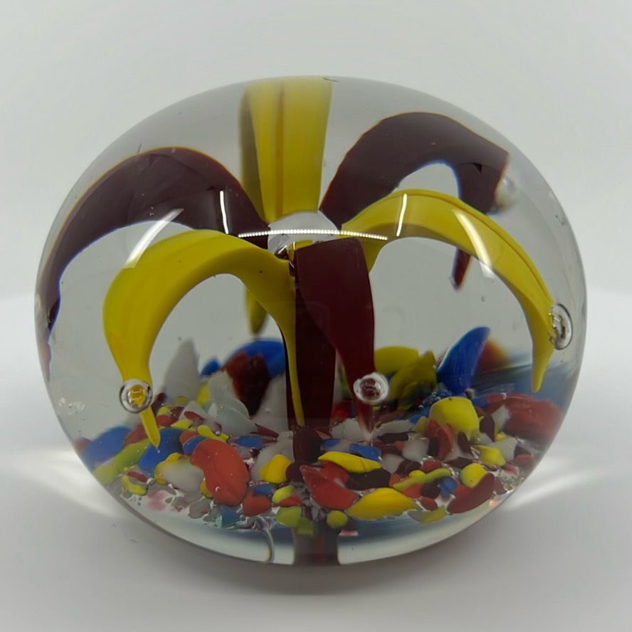 Jester Flower Art Glass Paperweight UV Glow 3”