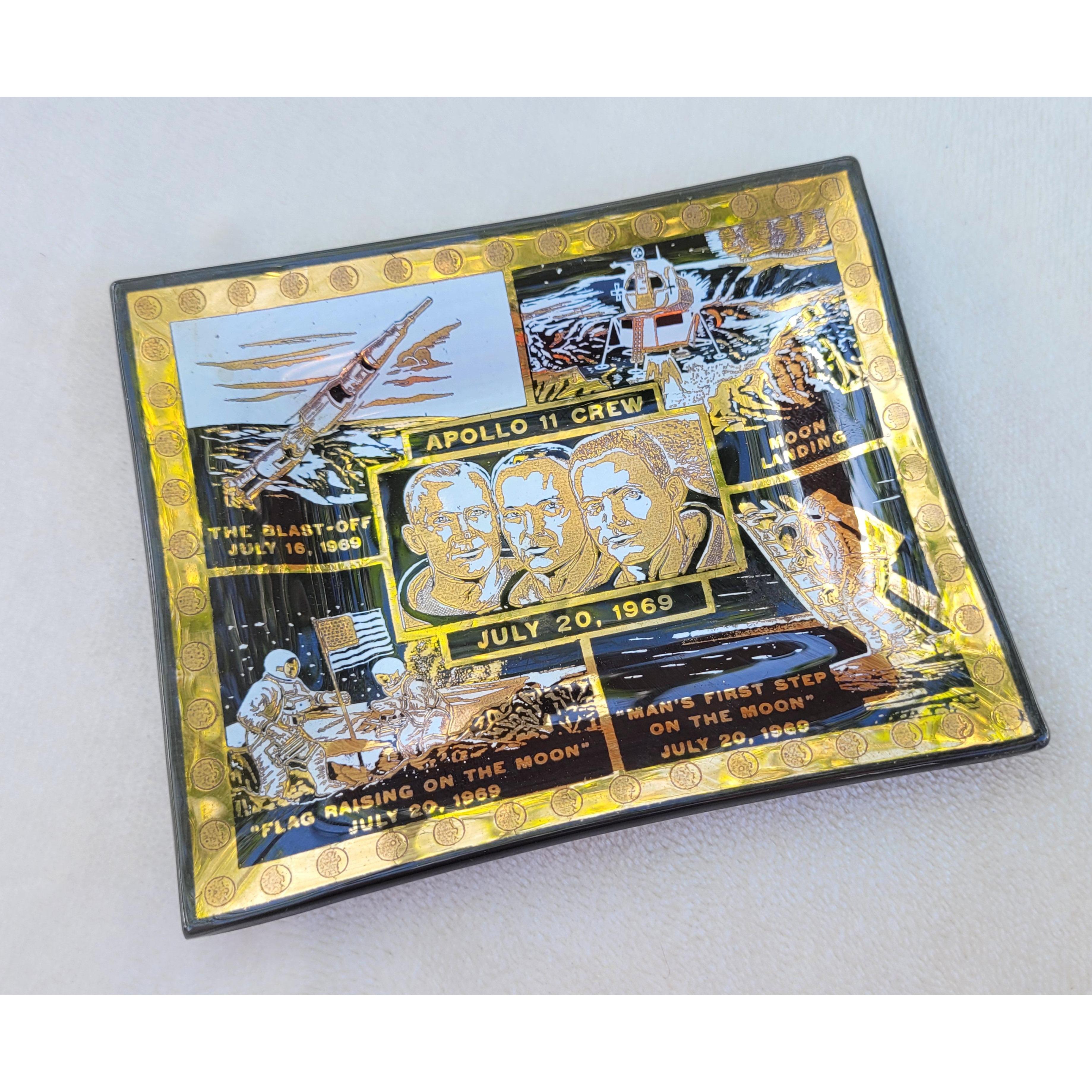 Vintage 60s Apollo 11 Crew Memorabilia Gold Golded Brown Glass Dish Ashtray