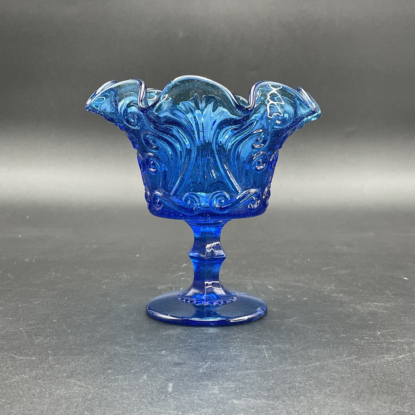 Imperial Glass Blue Footed Compote Embossed Swirls VTG Candy Dish Glows