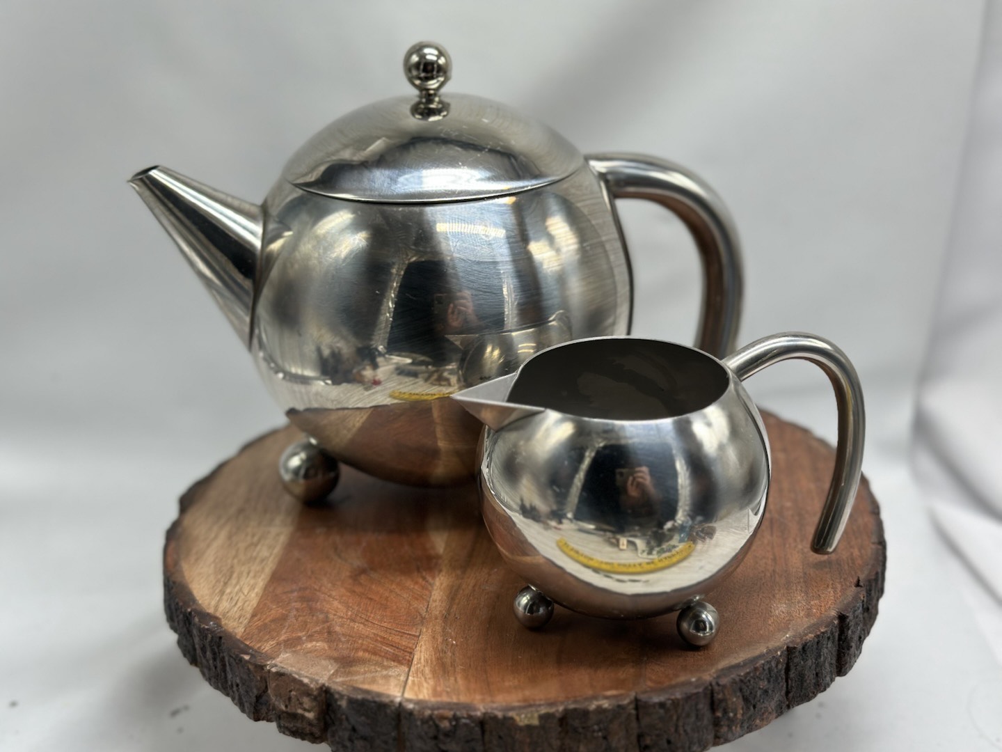 Vintage MCM ATOMIC Spherical Lidded Teapot W Insert & Creamer Stainless