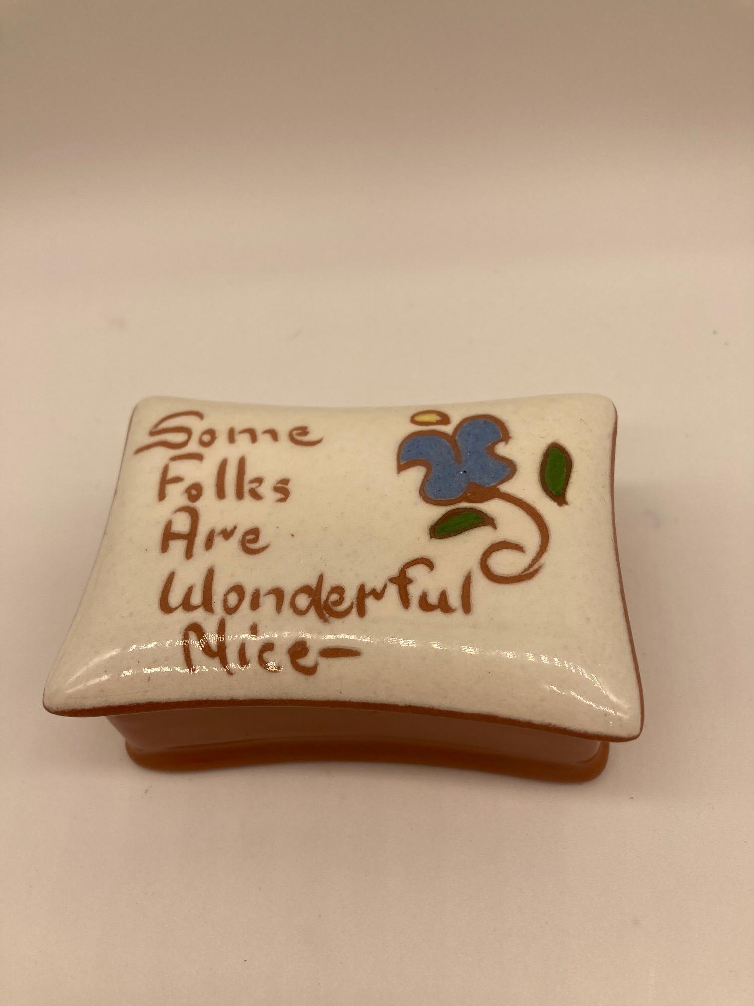 Pennsylvania Dutch Motto Redware Pottery Trinket Dish Small Trinket Box Lid