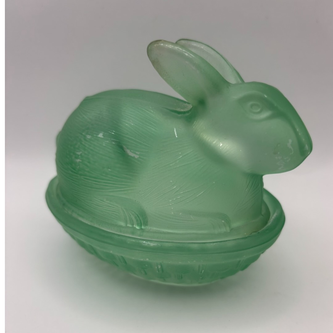 Vintage Green Glass Bunny Rabbit on Nest Basket Trinket Box or Candy Dish